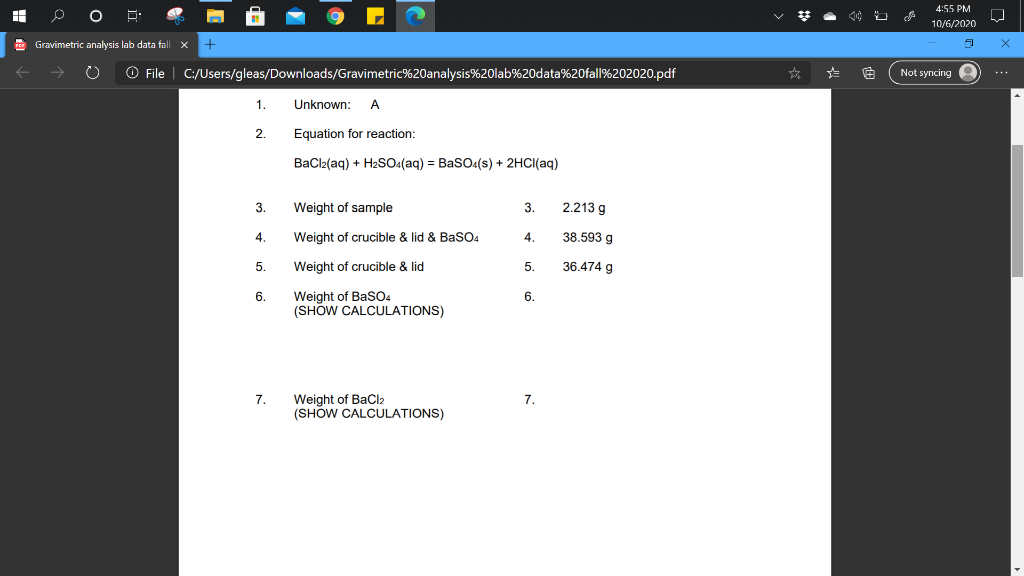 Solved 4:55 PM 10/6/2020 FEE Gravimetric analysis lab data | Chegg.com