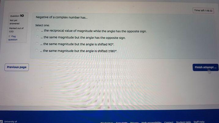 Solved Negative of a complex number has... Select one: .... | Chegg.com