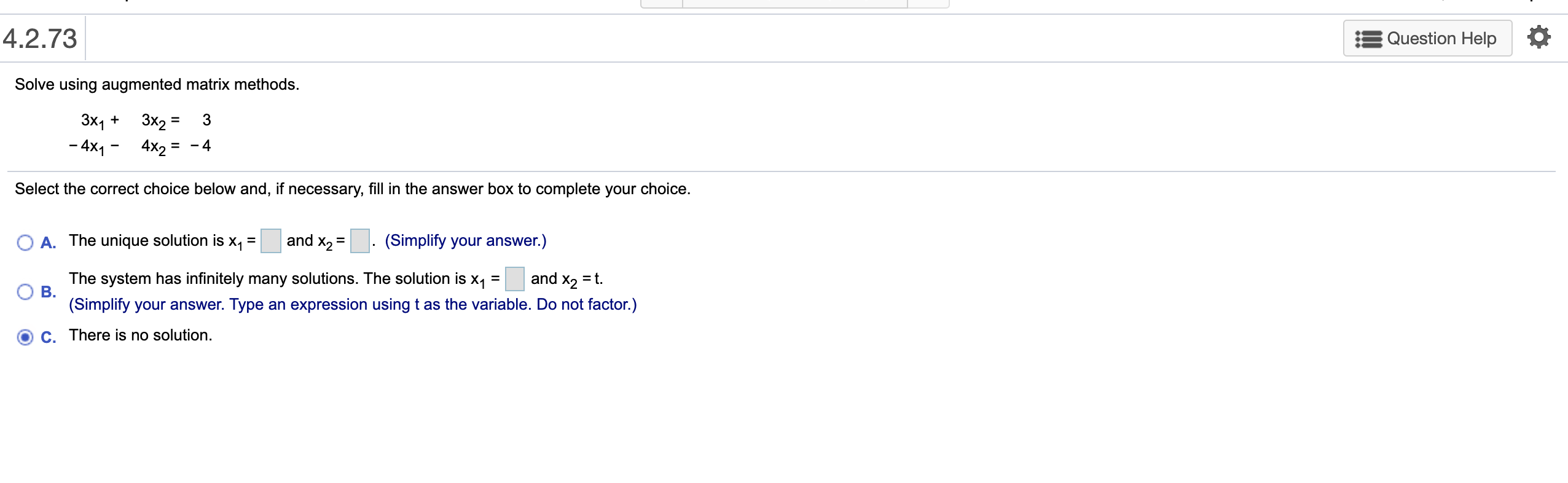 Solved 4.2.73 Question Help Solve using augmented matrix | Chegg.com