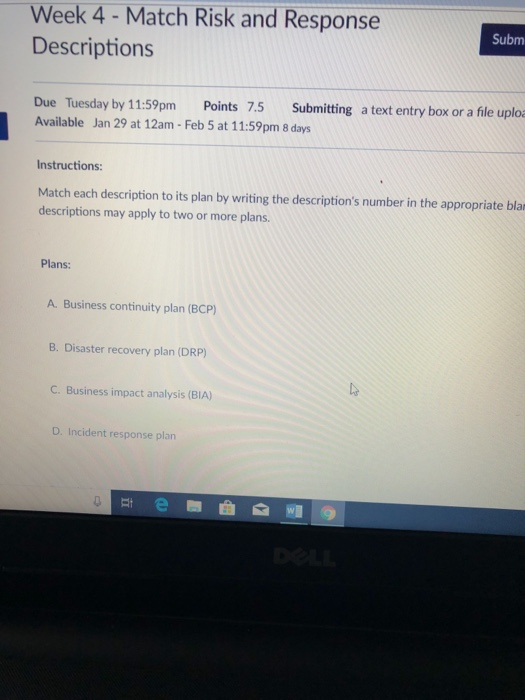 Week 4-Match Risk and Response Descriptions Subm Due | Chegg.com