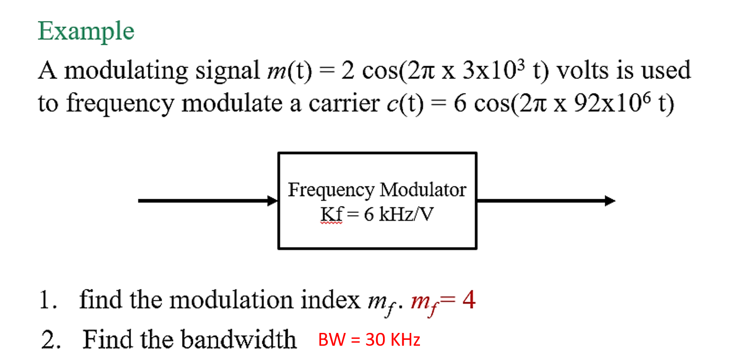 Solved ExampleA modulating signal m(t)=2cos(2π×3×103t) | Chegg.com