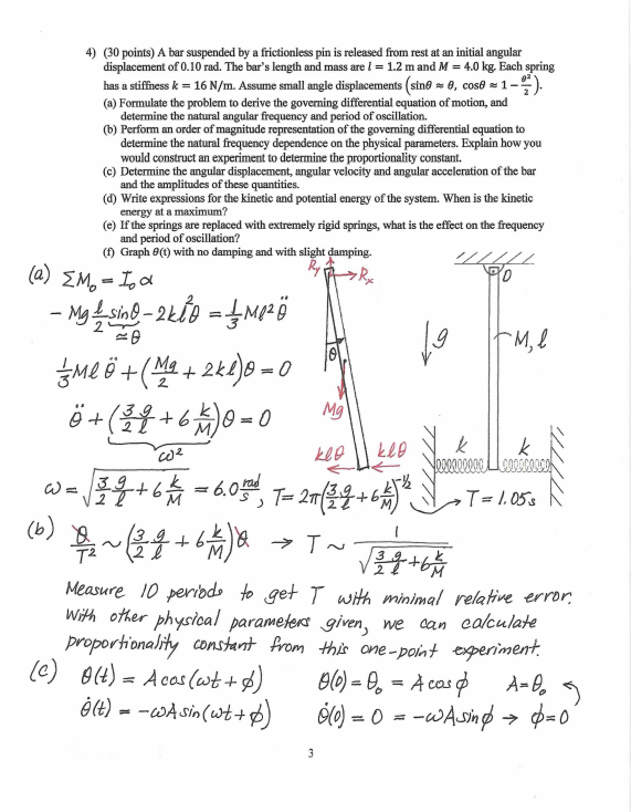 Solved 4) (30 points) A bar suspended by a frictionless pin | Chegg.com