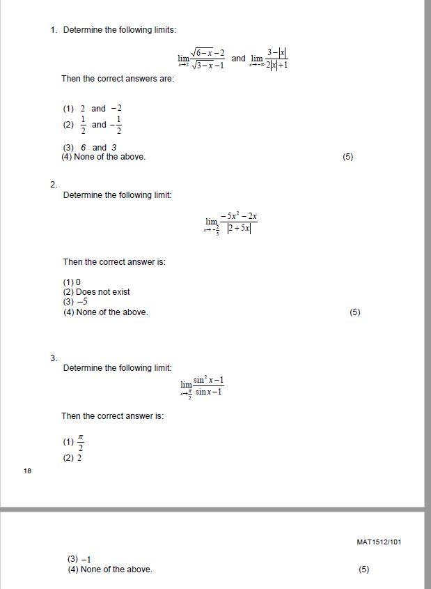 Solved 1. Determine the following limits: and lim 6-x-2 lim | Chegg.com