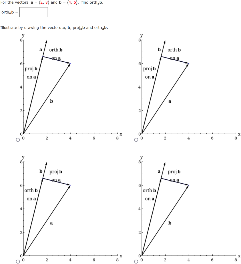 Solved For the vectors a= 2,8 and b= 4,6 , find orth aab. | Chegg.com
