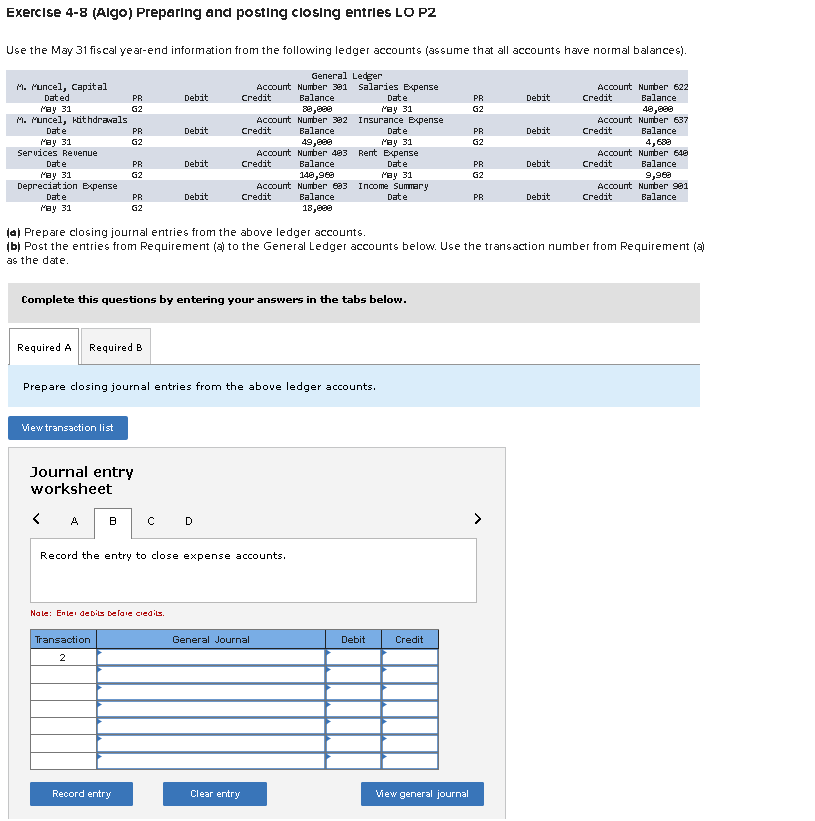 Solved Exercise 4-8 (Algo) Preparing and posting closing | Chegg.com