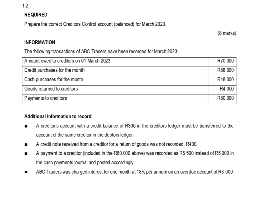 Solved REQUIRED Prepare the correct Creditors Control | Chegg.com
