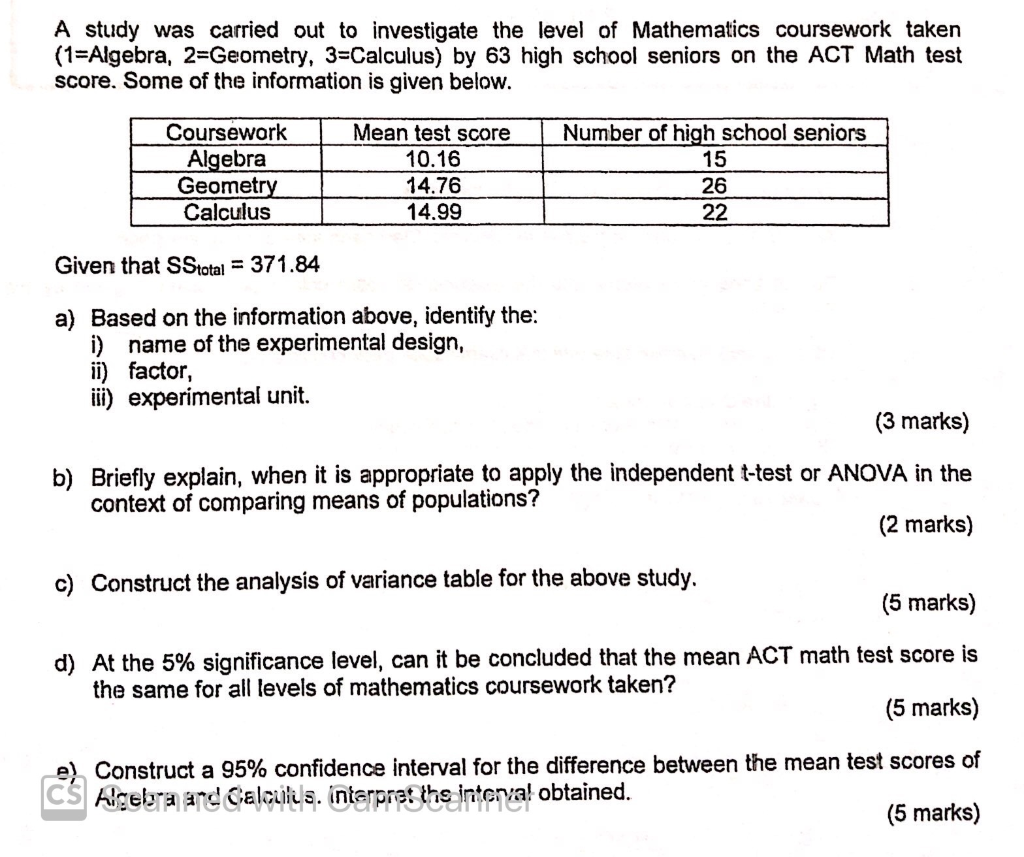 Solved A study was carried out to investigate the level of | Chegg.com