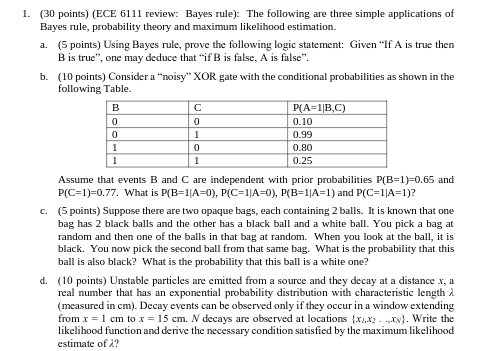 Solved ( 30 points) (ECE 6111 review: Bayes rule): The | Chegg.com
