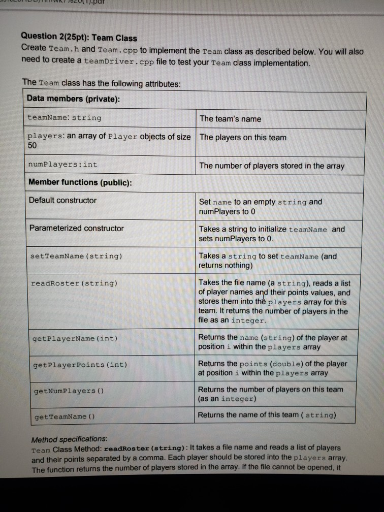 Solved OCVT .pur Question 2(25pt): Team Class Create Team.h | Chegg.com