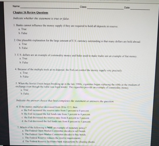 Solved Name: Chapter 16 Review Questions Indicate whether | Chegg.com