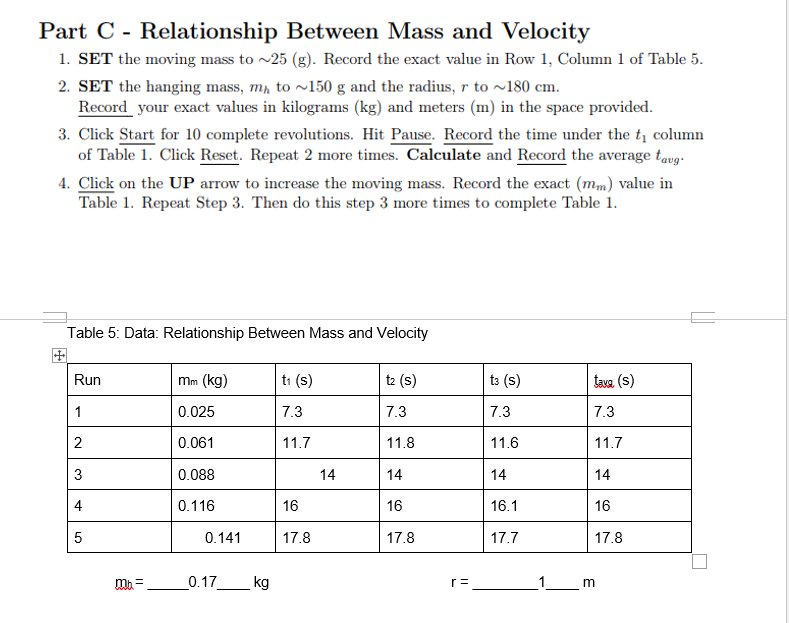 Solved Part C - Relationship Between Mass and Velocity 1. | Chegg.com