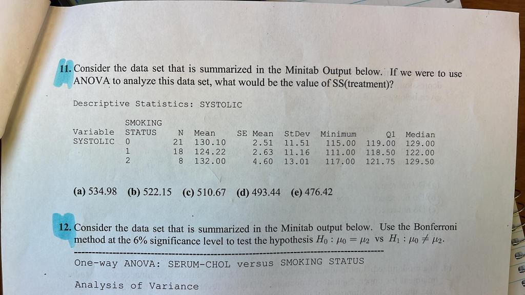 Solved 11. Consider the data set that is summarized in the | Chegg.com