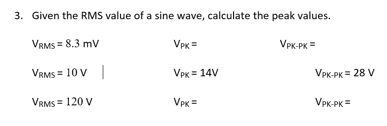 Solved 3. Given the RMS value of a sine wave, calculate the | Chegg.com