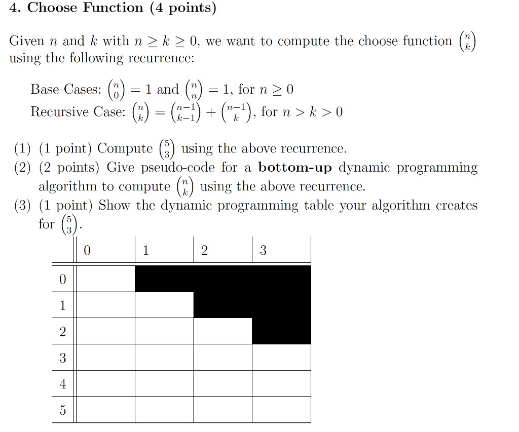 Solved 4. Choose Function (4 points) Given n and k | Chegg.com