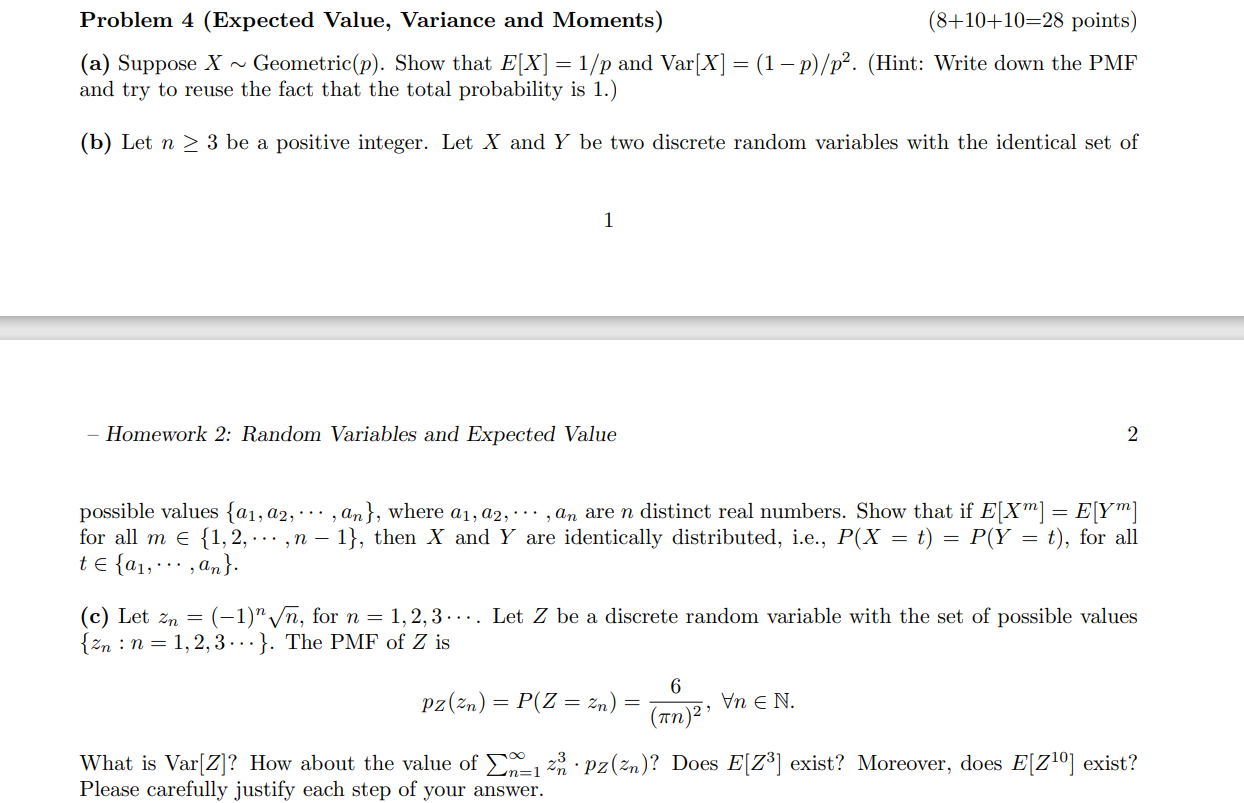 Solved Problem 4 (Expected Value, Variance and Moments) | Chegg.com