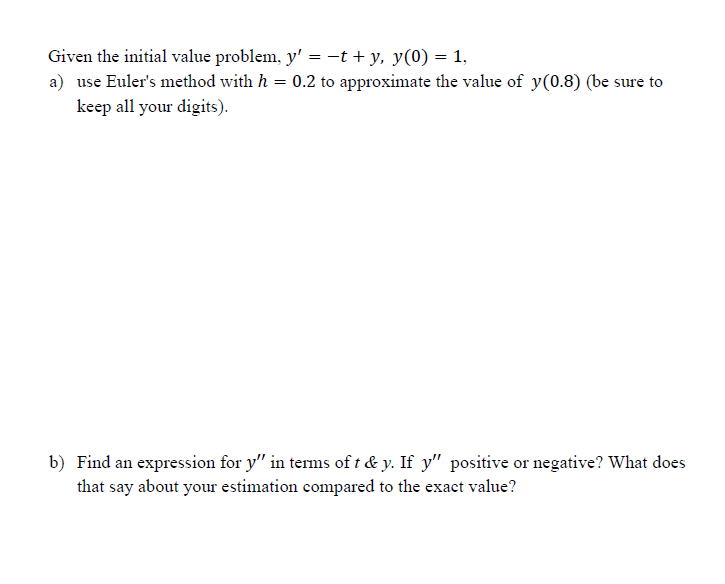 Solved Given the initial value problem, y′=−t+y,y(0)=1, a) | Chegg.com