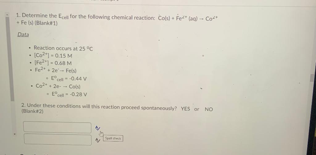 Solved 1. Determine the Ecell for the following chemical | Chegg.com