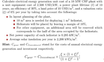 Calculate electrical energy generation unit cost of a | Chegg.com