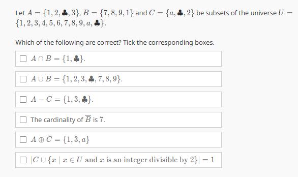 Solved Let A={1,2,4,3},B={7,8,9,1} and C={a,m,2} be subsets | Chegg.com