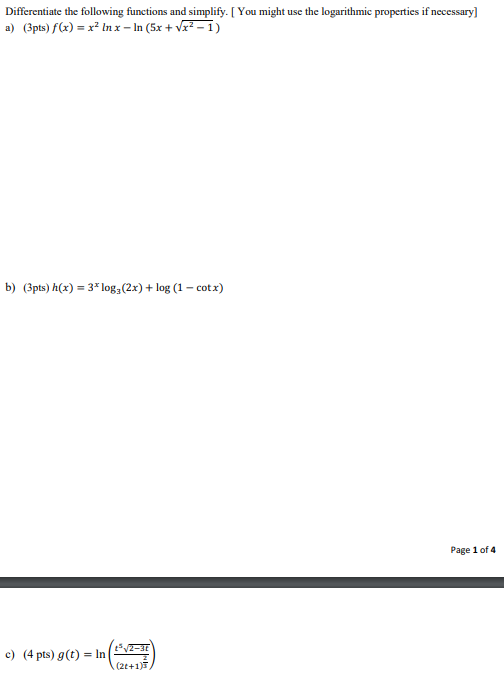 Solved Differentiate the following functions and simplify [ | Chegg.com