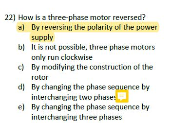 Solved 22) How is a three-phase motor reversed? a) By | Chegg.com