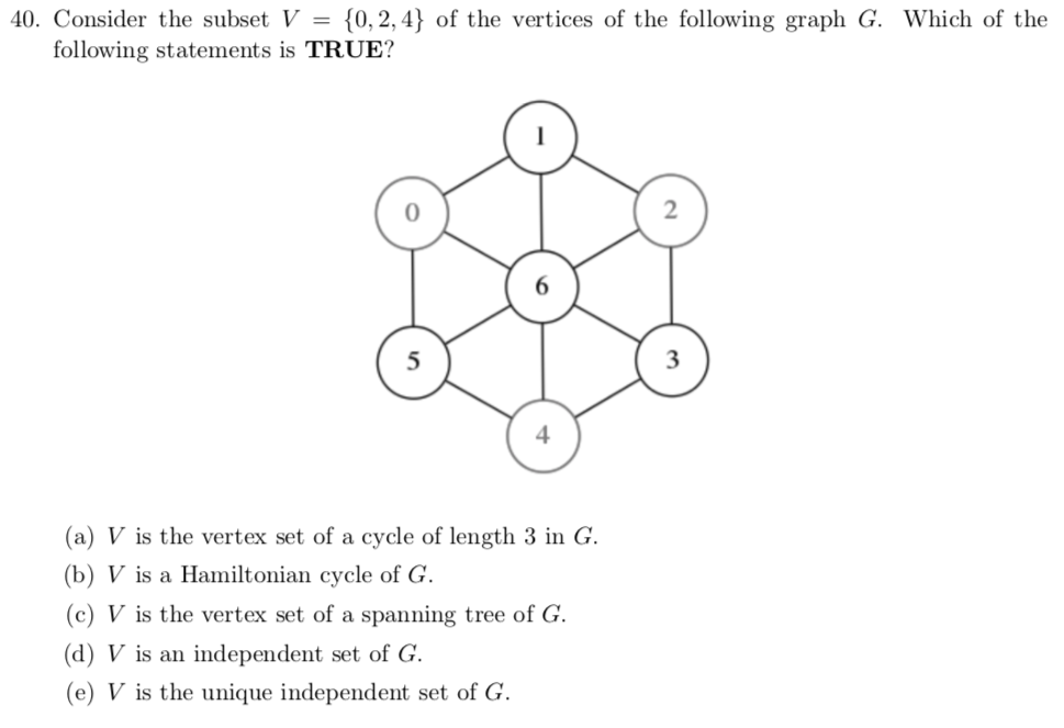 Solved 40. Consider the subset V = {0,2,4} of the vertices | Chegg.com
