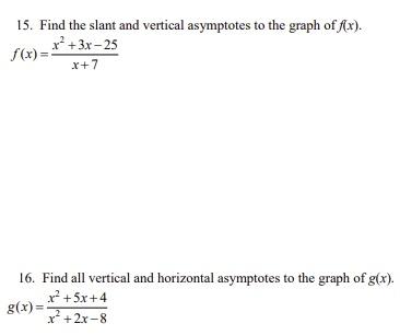 Solved 15. Find the slant and vertical asymptotes to the | Chegg.com