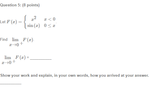 Solved Question 5: (8 points) Let F(x)={x2sin(x)x