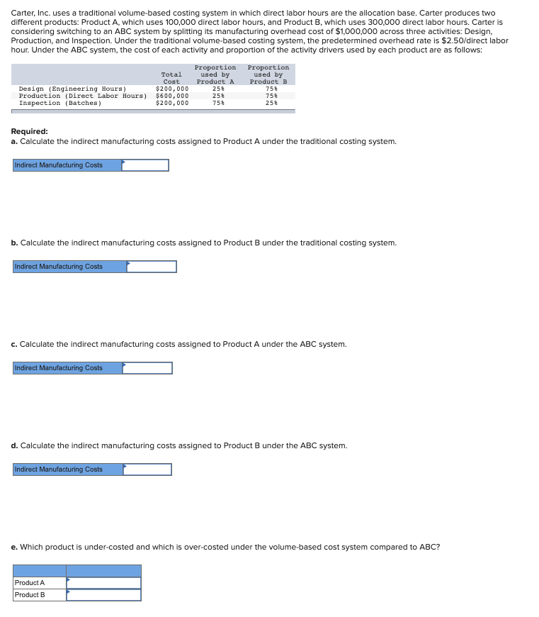 Solved Carter, Inc. uses a traditional volume-based costing | Chegg.com