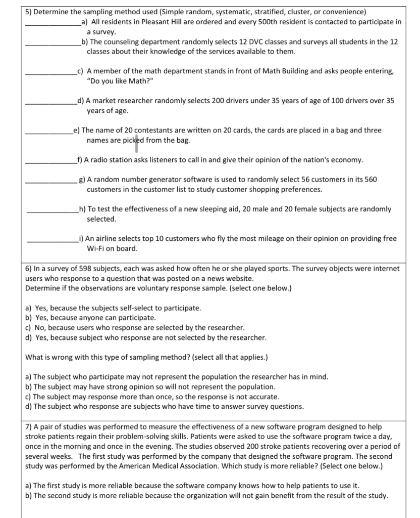 Solved 5) Determine the sampling method used (Simple random, | Chegg.com