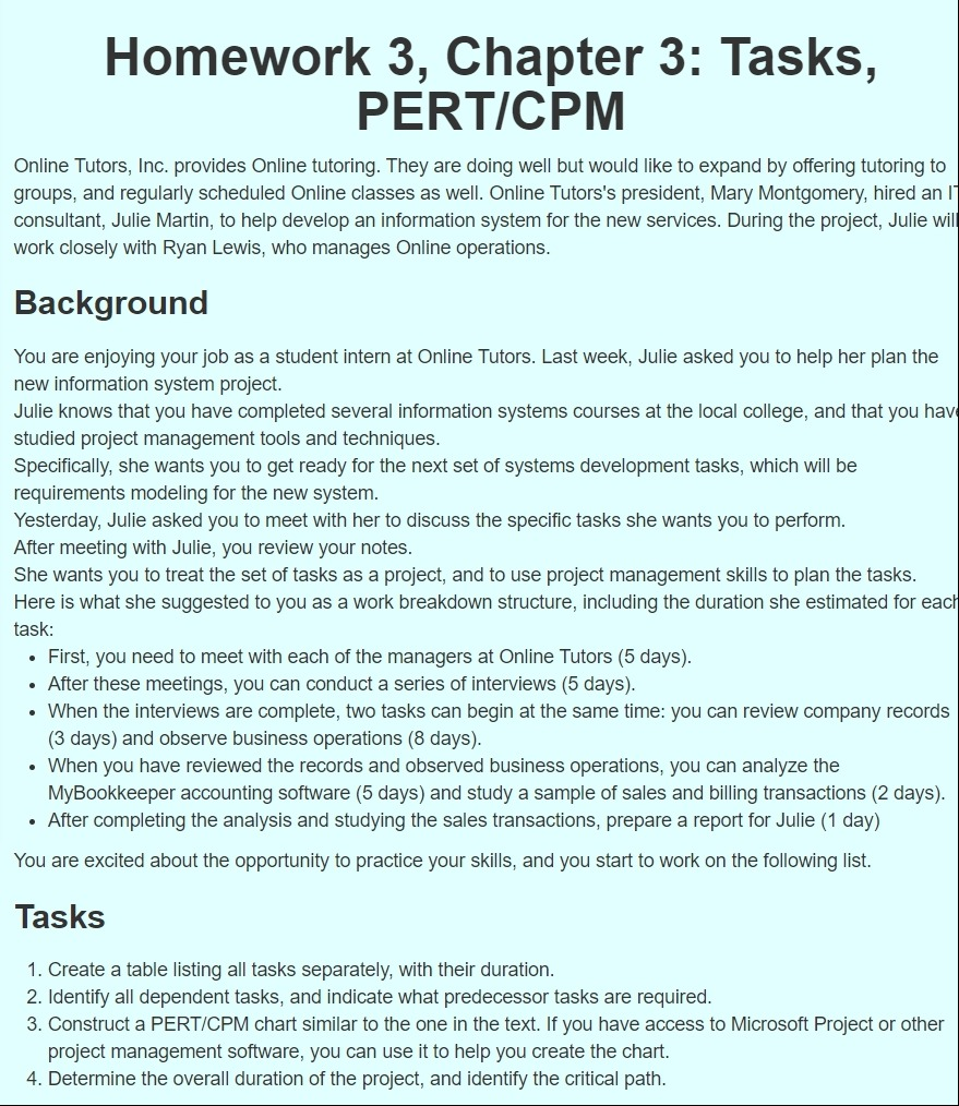 Homework 3, Chapter 3: Tasks, PERT/CPM Online Tutors, | Chegg.com
