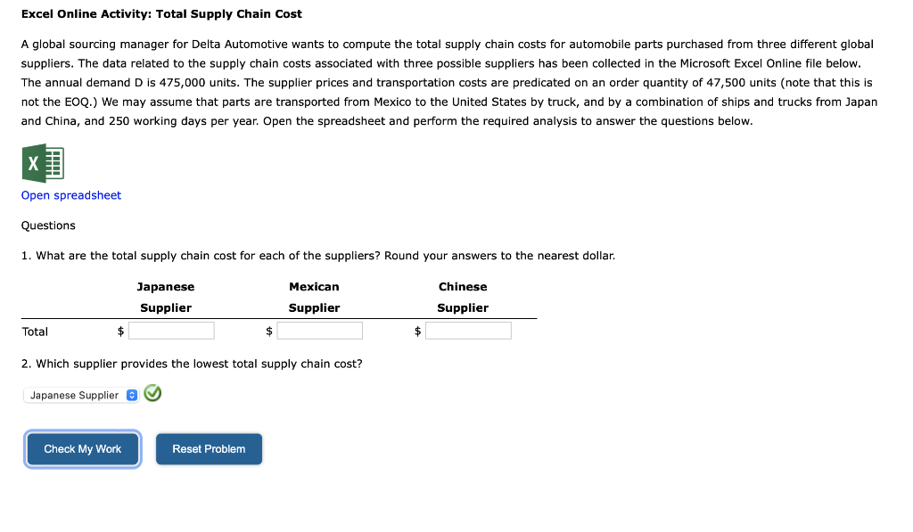 Solved Excel Online Activity: Total Supply Chain Cost A | Chegg.com