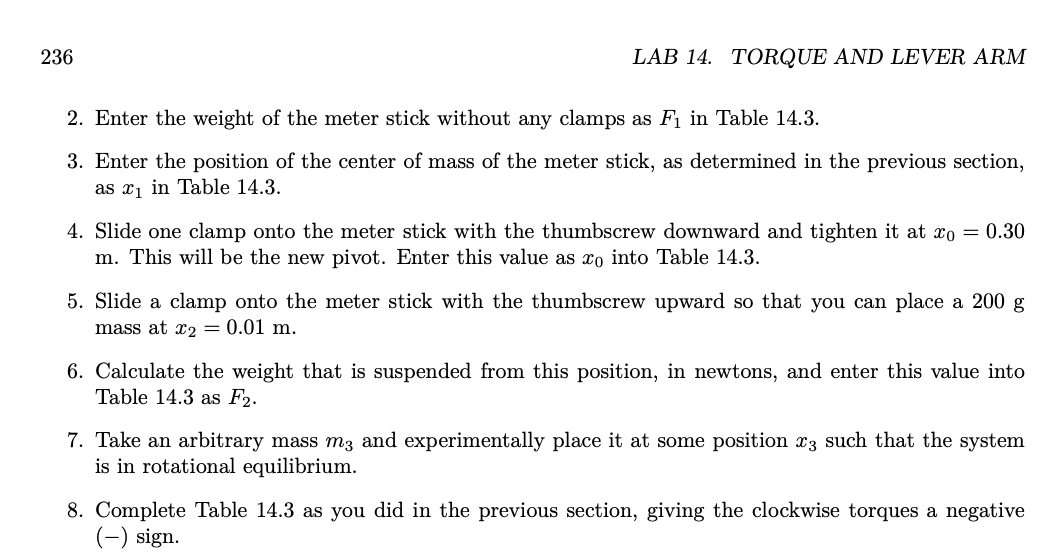 Solved 232 LAB 14. TORQUE AND LEVER ARM 14.2. PROCEDURE 233 | Chegg.com