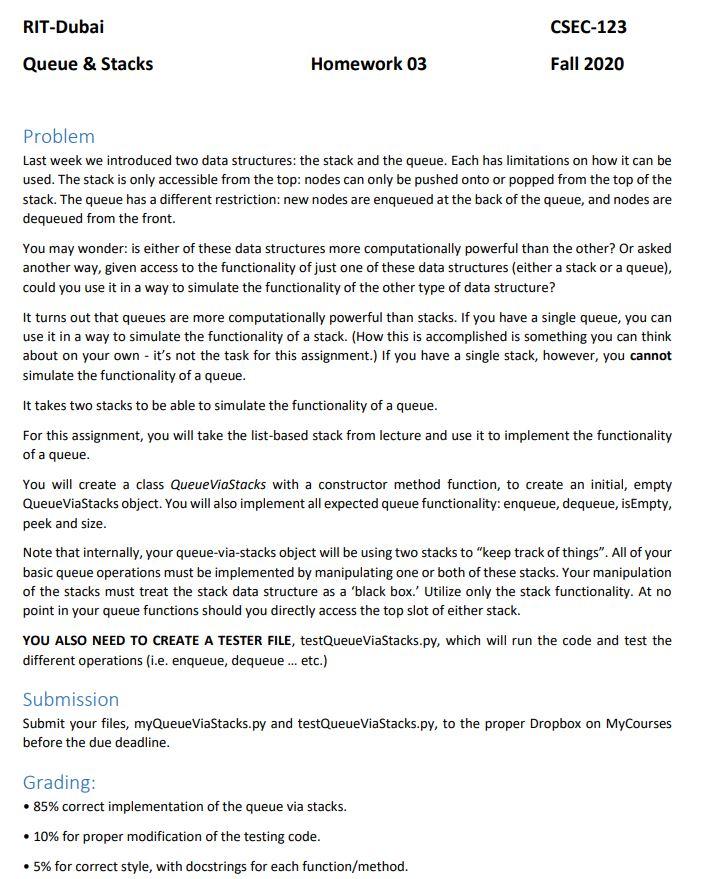 Solved CSEC-123 RIT-Dubai Queue & Stacks Homework 03 Fall | Chegg.com