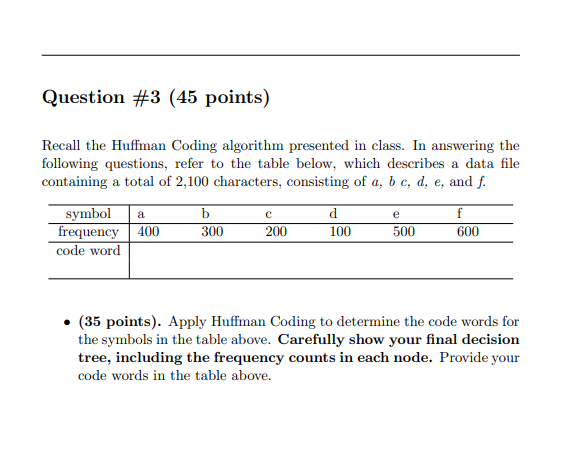 Solved Question #3 (45 points) Recall the Huffman Coding | Chegg.com
