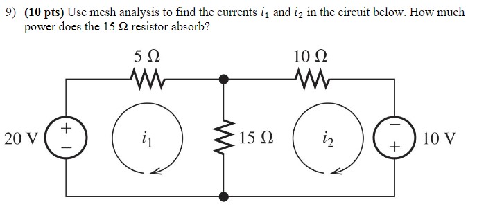Solved 9) (10 pts) Use mesh analysis to find the currents i1 | Chegg.com