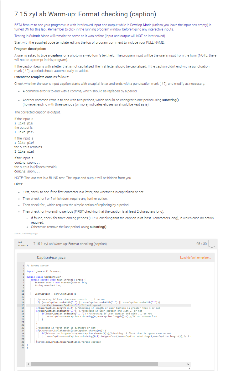 Solved 7.15 zyLab Warm-up: Format checking (caption) BETA | Chegg.com