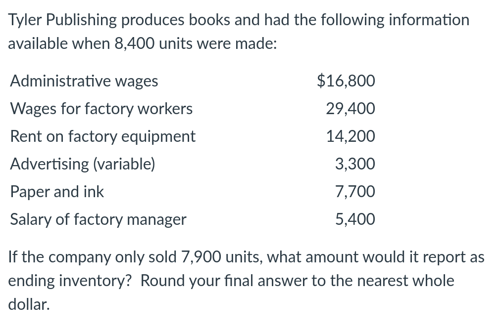 Solved Tyler Publishing produces books and had the following | Chegg.com