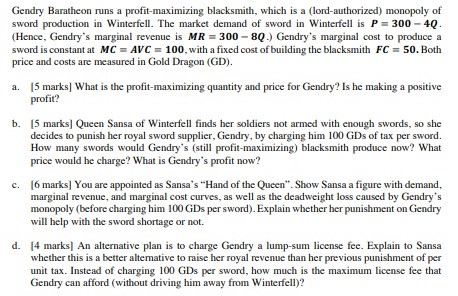 Solved Gendry Baratheon runs a profit-maximizing blacksmith, | Chegg.com