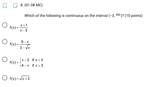 Solved Which of the following is continuous on the interval | Chegg.com