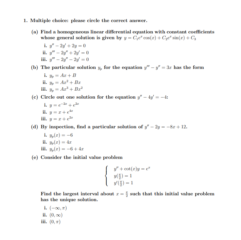 Solved 1. Multiple choice: please circle the correct answer. | Chegg.com