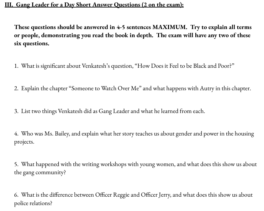 III. Gang Leader for a Day Short Answer Questions ( 2 | Chegg.com