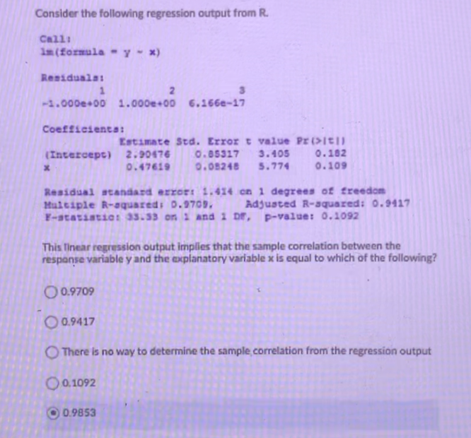 Solved Consider the following regression output from R. Call | Chegg.com