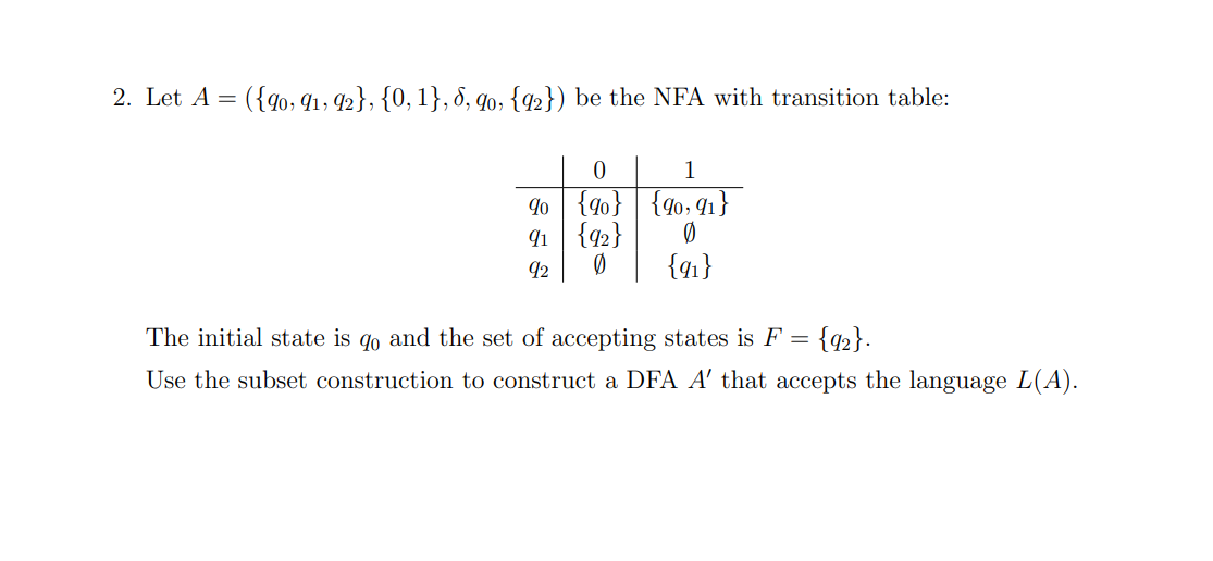 Solved 2. Let A= ({90, 91, 92}, {0,1}, 8, 90, {92}) be the | Chegg.com