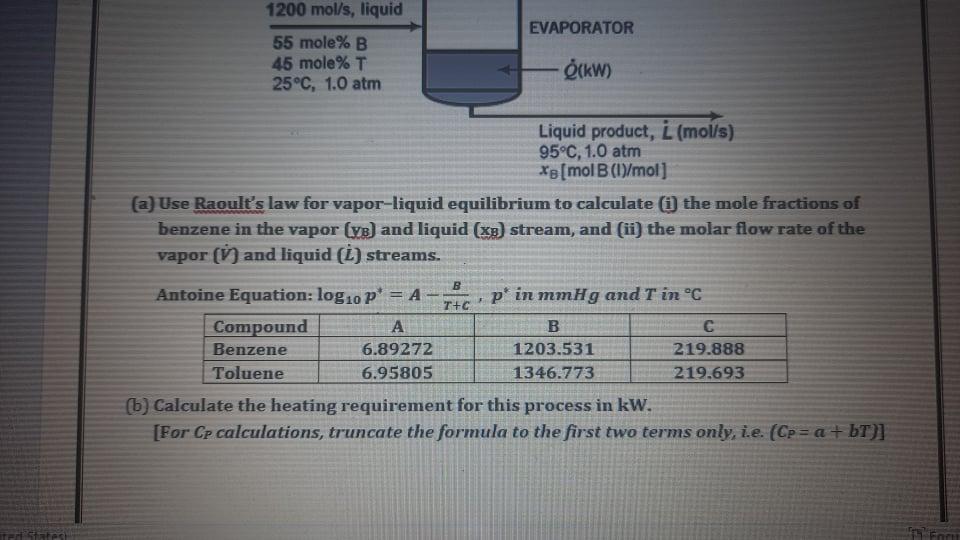 Solved A liquid stream containing 55.0 mole% benzene and the | Chegg.com