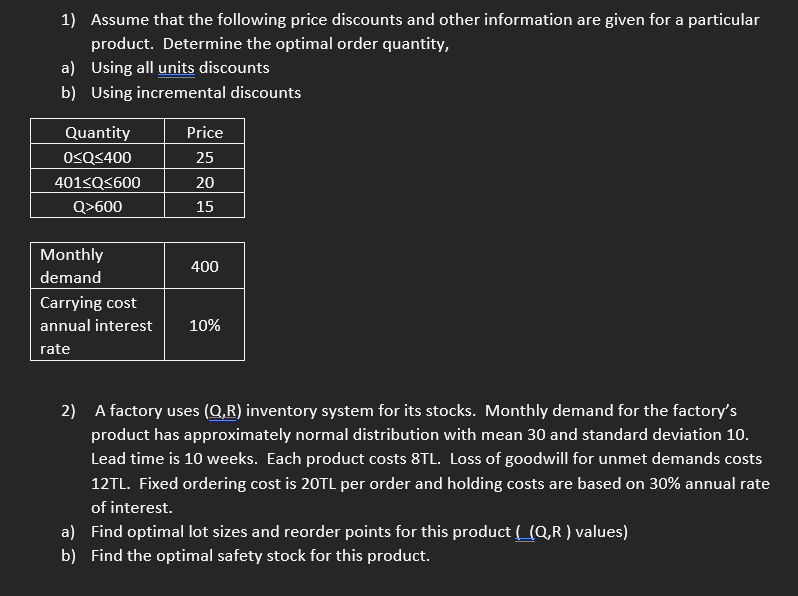 1) Assume that the following price discounts and | Chegg.com