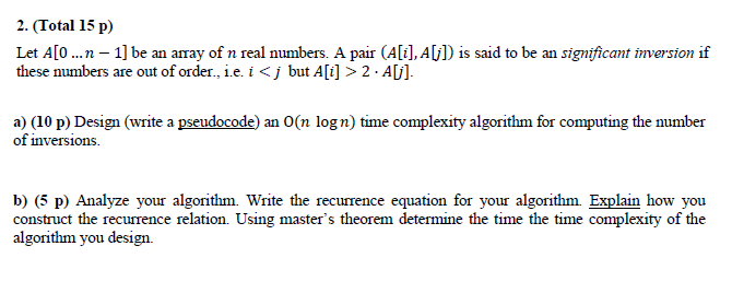 Solved 2. (Total 15 p) Let A[O... n - 1] be an array of n | Chegg.com