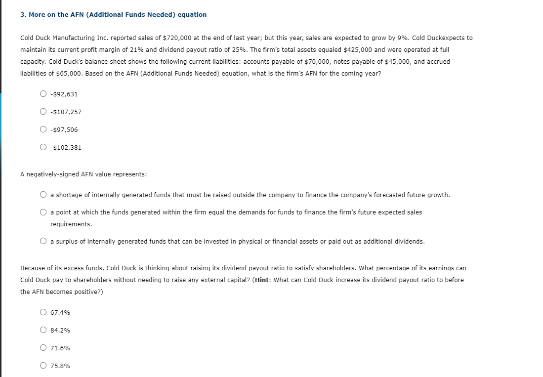 Solved 3. More on the AFN (Additional Funds Needed) equation | Chegg.com