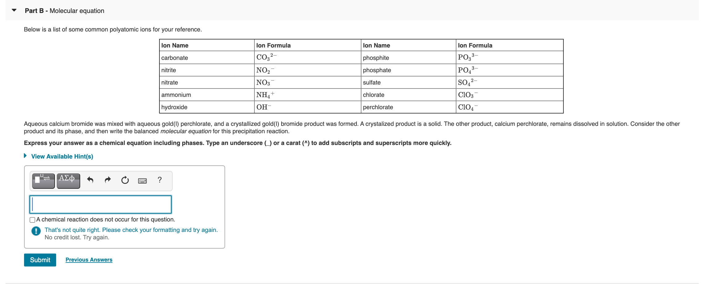 Solved Part B - Molecular equation Below is a list of some | Chegg.com