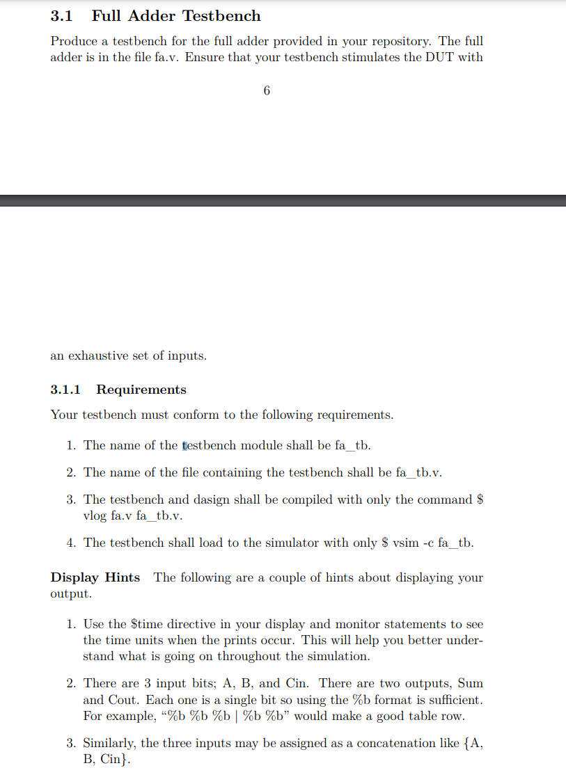 Solved 3.1 Full Adder Testbench Produce a testbench for the | Chegg.com